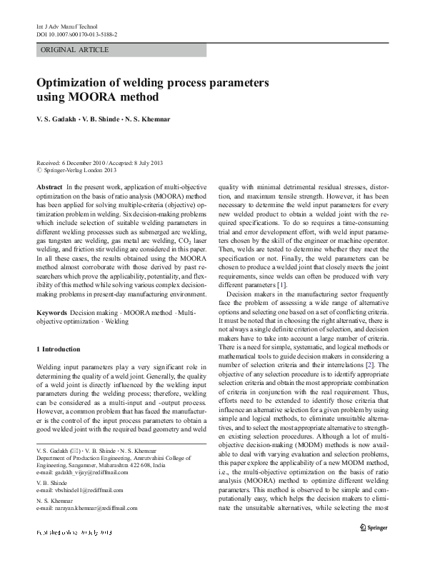 Pdf Optimization Of Welding Process Parameters Using Moora Method