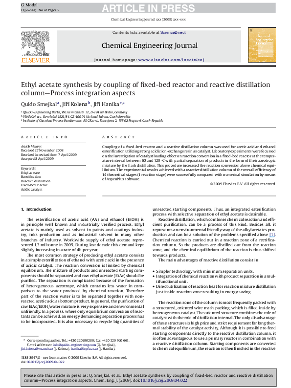 Pdf Ethyl Acetate Synthesis By Coupling Of Fixed Bed Reactor And