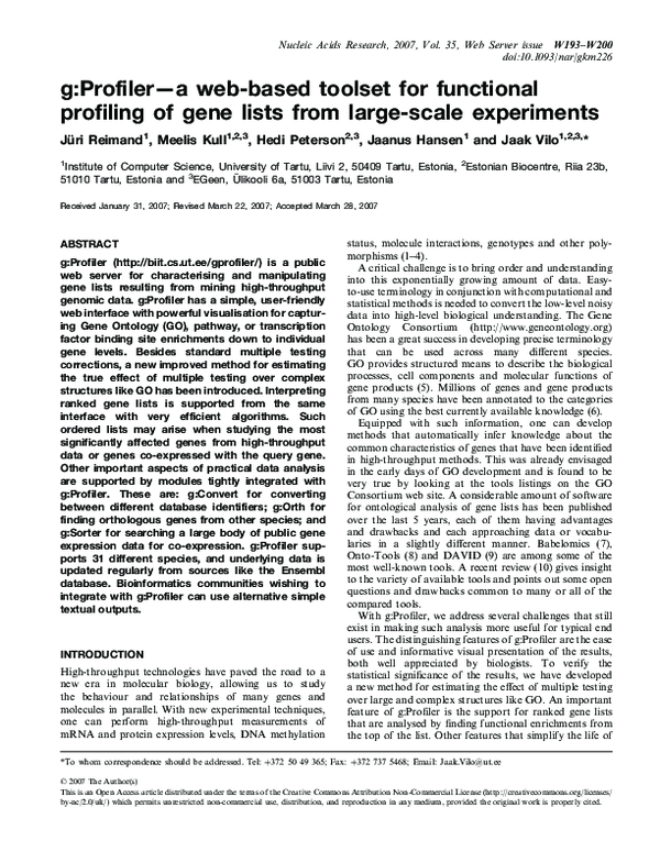 (PDF) g: Profiler - a web-based toolset for functional profiling of ...