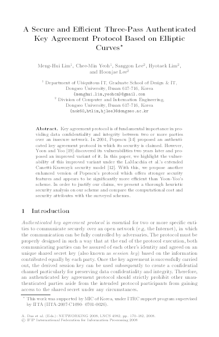 Pdf A Secure And Efficient Three Pass Authenticated Key Agreement Protocol Based On Elliptic