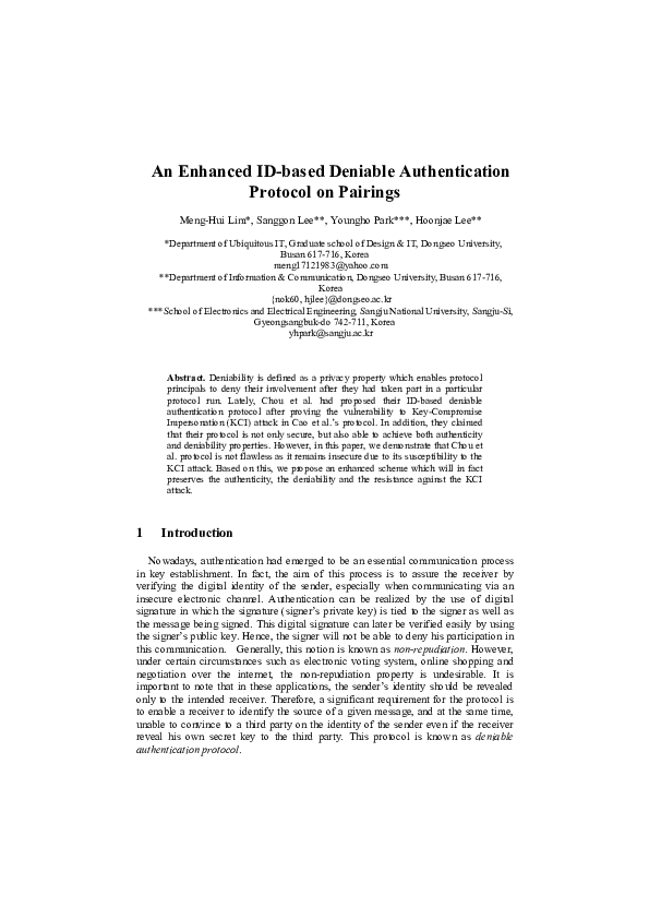 (PDF) An Enhanced ID-Based Deniable Authentication Protocol on Pairings