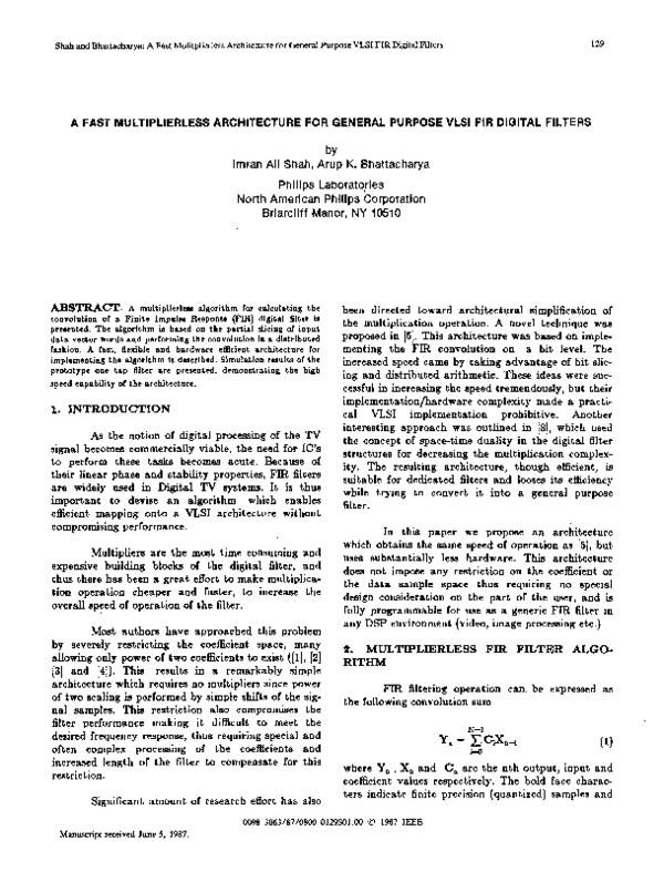 Pdf A Fast Multiplierless Architecture For General Purpose Vlsi Fir Digital Filters Imran