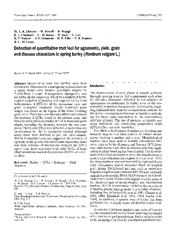 Pdf Detection Of Quantitative Trait Loci For Agronomic Yield Grain