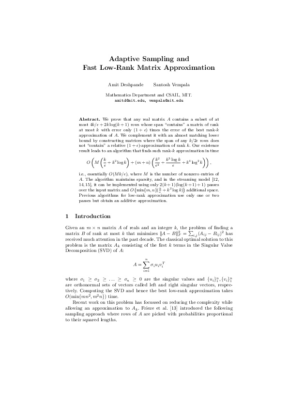 (PDF) Adaptive Sampling and Fast Low-Rank Matrix Approximation