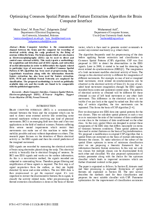 Pdf Optimizing Csp And Feature Extraction For Brain Computer Interfaces