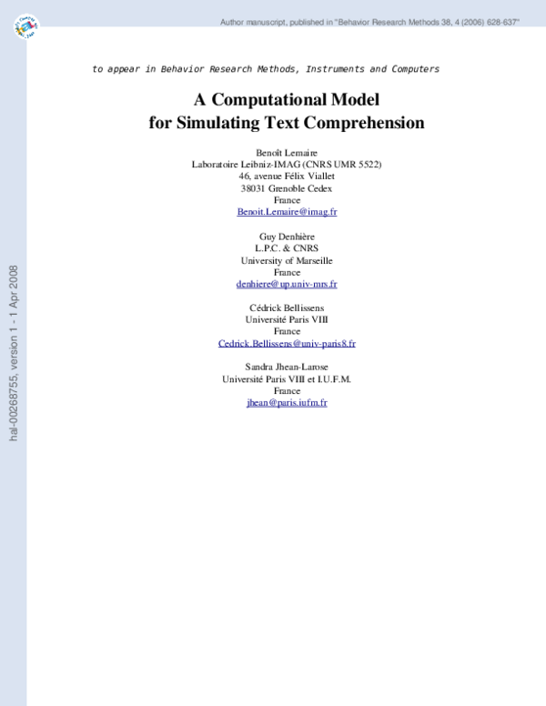 Pdf A Computational Model For Simulating Text Comprehension