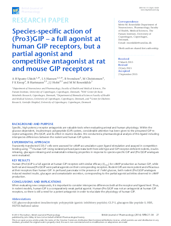 (PDF) Species-specific action of (Pro3)GIP - a full agonist at human ...