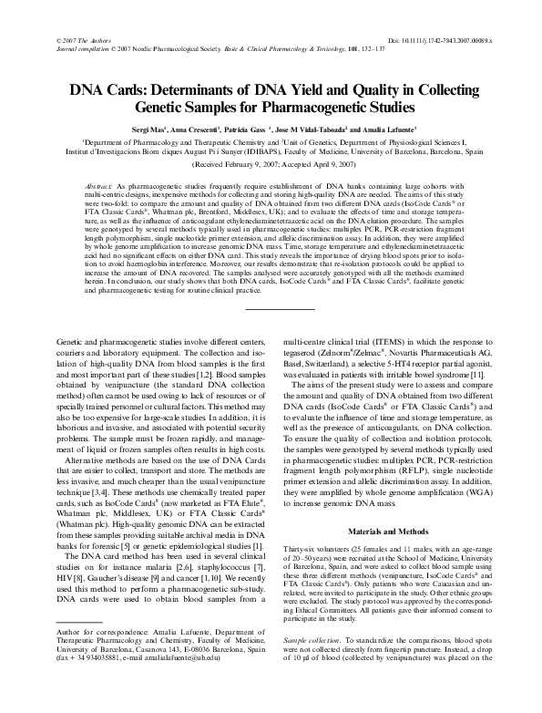 (PDF) DNA Cards: Determinants of DNA Yield and Quality in Collecting ...