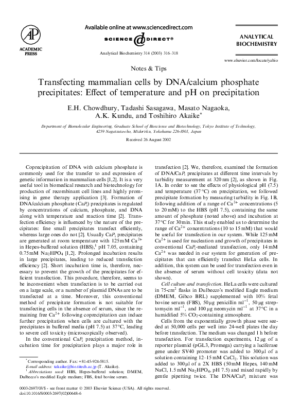 (PDF) Transfecting mammalian cells by DNA/calcium phosphate ...