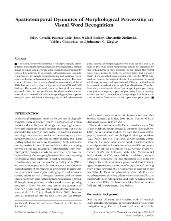 Pdf Spatiotemporal Dynamics Of Morphological Processing In Visual Word Recognition