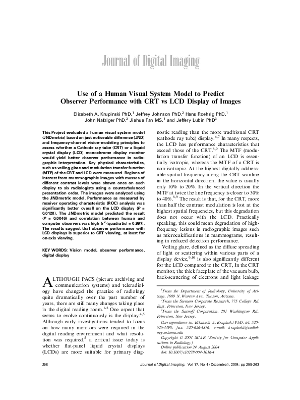 Pdf Use Of A Human Visual System Model To Predict Observer Performance With Crt Vs Lcd Display