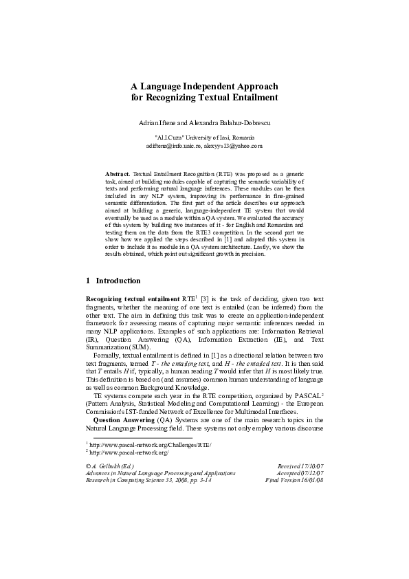 (PDF) A Language Independent Approach for Recognizing Textual Entailment