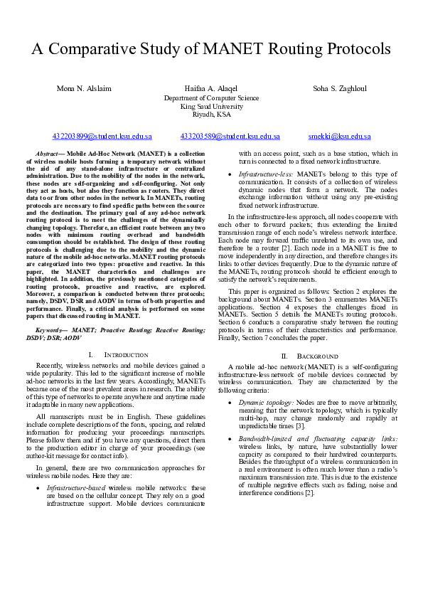 (PDF) A comparative study of MANET routing protocols