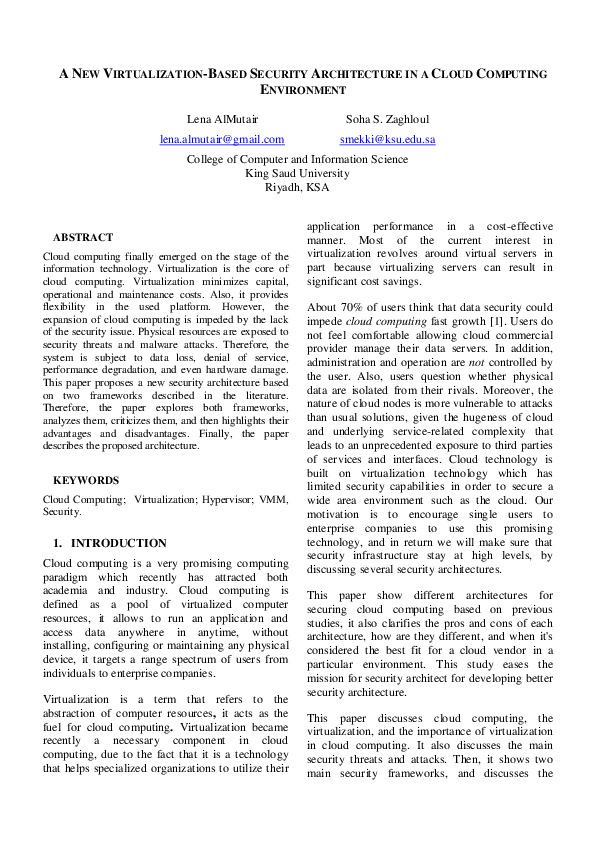 Pdf A New Virtualization Based Security Architecture In A Cloud Computing Environment