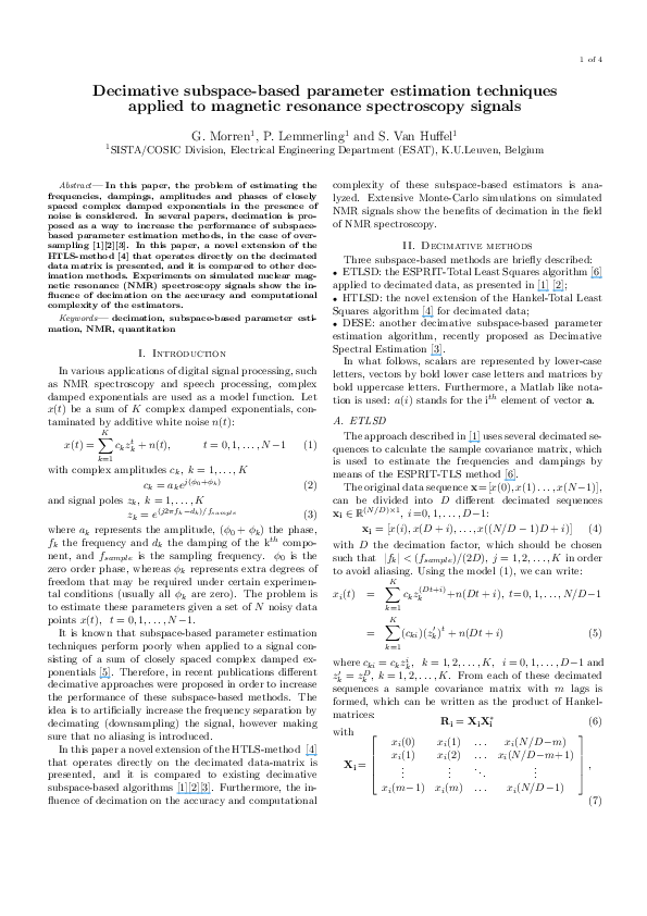 Pdf Decimative Subspace Based Parameter Estimation Techniques Applied