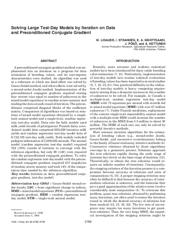 Pdf Solving Large Test Day Models By Iteration On Data And Preconditioned Conjugate Gradient