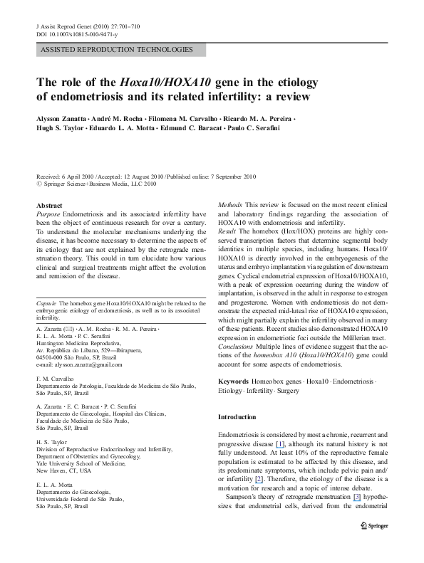 (PDF) The role of the Hoxa10/HOXA10 gene in the etiology of ...