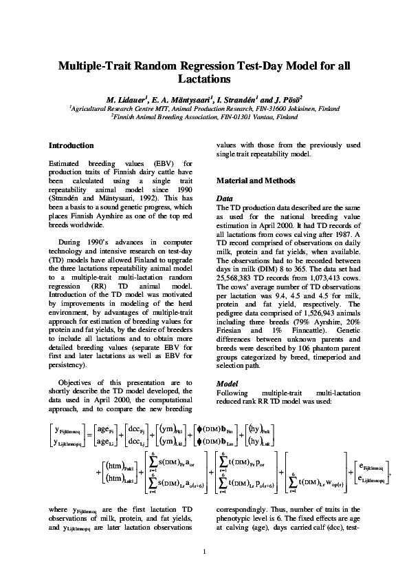 Pdf Multiple Trait Random Regression Test Day Model For All Lactations 0152