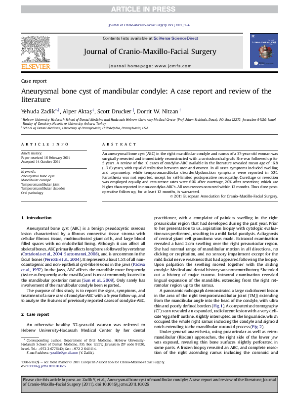 Pdf Aneurysmal Bone Cyst Of Mandibular Condyle A Case Report And