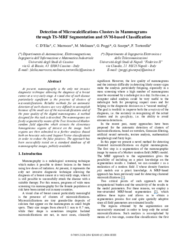 (PDF) Detection of Microcalcifications Clusters in Mammograms through TS-MRF Segmentation and ...