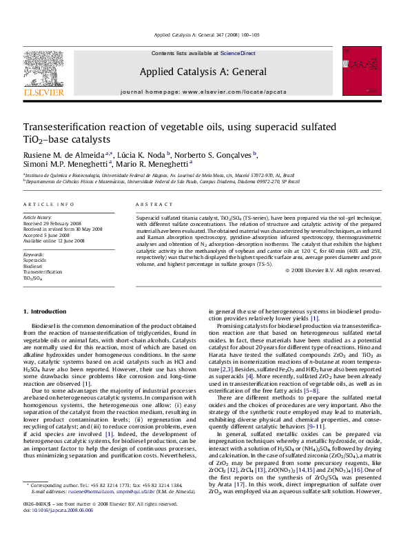 (PDF) Transesterification reaction of vegetable oils, using superacid ...
