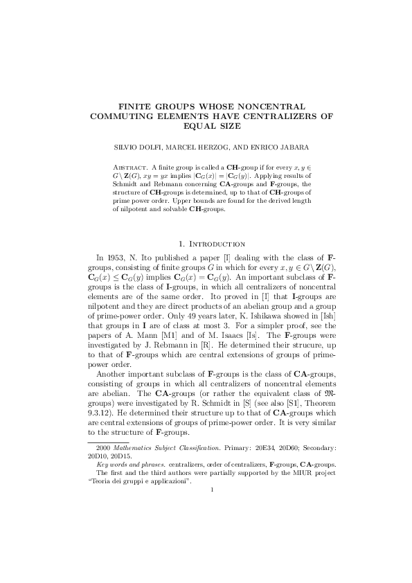 Pdf Finite Groups Whose Noncentral Commuting Elements Have Centralizers Of Equal Size