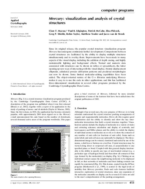 (PDF) Mercury : visualization and analysis of crystal structures