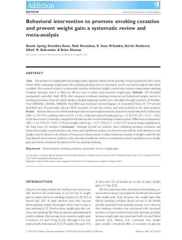 (PDF) Behavioral intervention to promote smoking cessation and prevent weight gain: a systematic ...