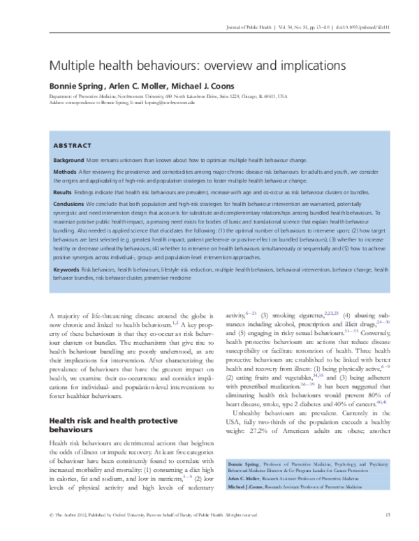 (PDF) Multiple health behaviours: overview and implications
