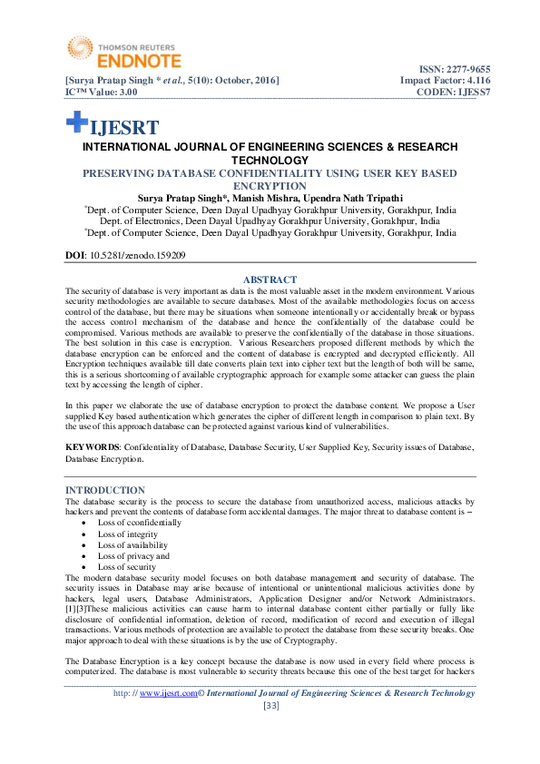 (PDF) PRESERVING DATABASE CONFIDENTIALITY USING USER KEY BASED ENCRYPTION (PDF) PRESERVING DATABASE CONFIDENTIALITY USING USER KEY BASED ENCRYPTION