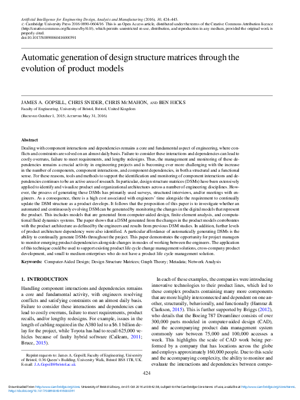 Pdf Automatic Generation Of Design Structure Matrices Through The Evolution Of Product Models