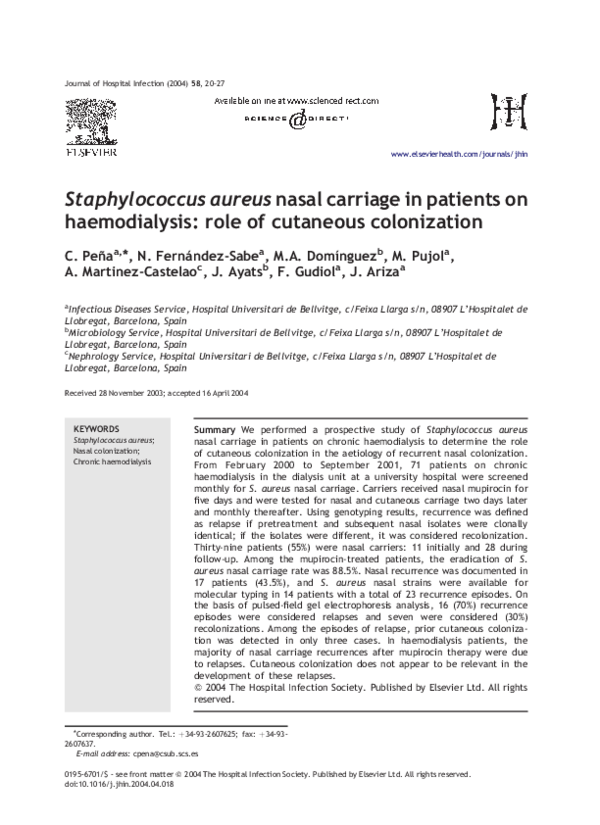 (PDF) Staphylococcus aureus nasal carriage in patients on haemodialysis ...