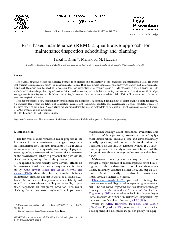 (PDF) Risk-based maintenance (RBM): a quantitative approach for maintenance/inspection ...