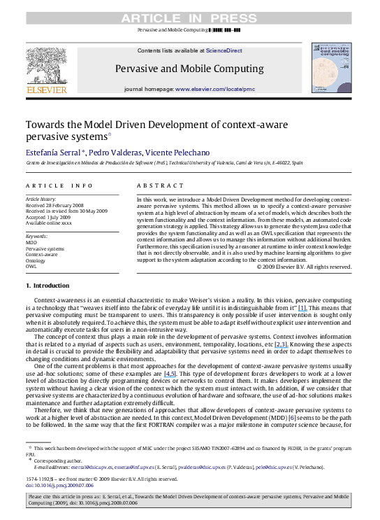 Pdf Towards The Model Driven Development Of Context Aware Pervasive Systems