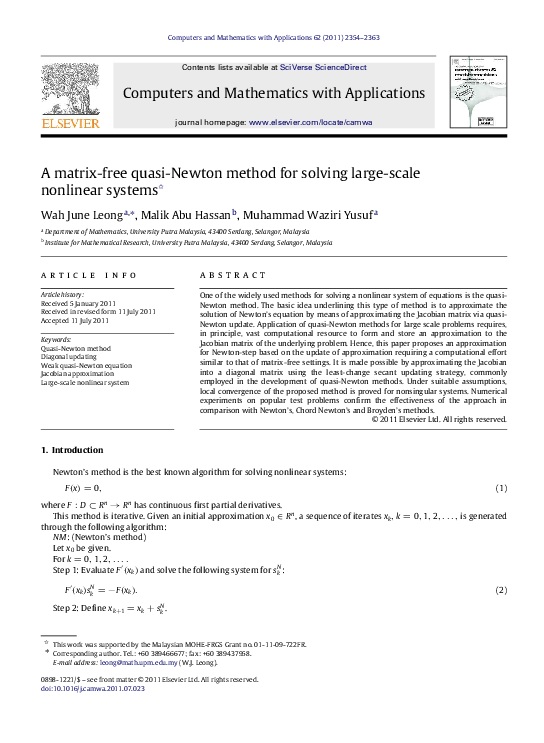 Pdf A Matrix Free Quasi Newton Method For Solving Large Scale Nonlinear Systems Muhammad