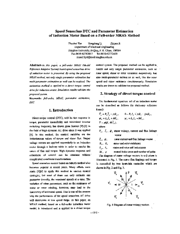 Pdf Speed Sensorless Dtc And Parameter Estimation Of Induction Motor