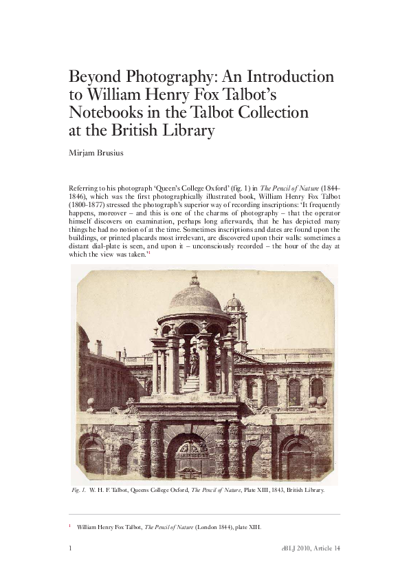 (PDF) Beyond Photography: William Henry Fox Talbot’s notebooks in the ...