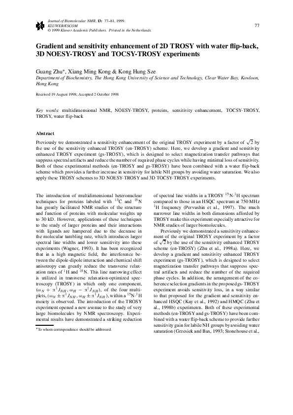 (PDF) Gradient and sensitivity enhancement of 2D TROSY with water flip-back, 3D NOESY-TROSY and ...