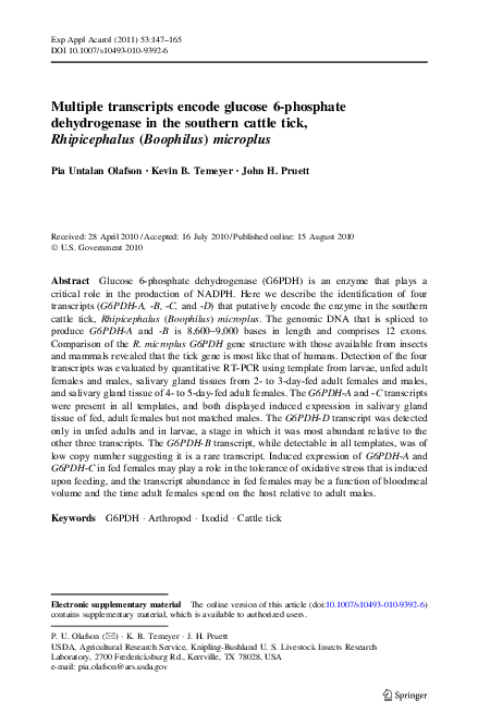 (PDF) Multiple transcripts encode glucose 6-phosphate dehydrogenase in ...