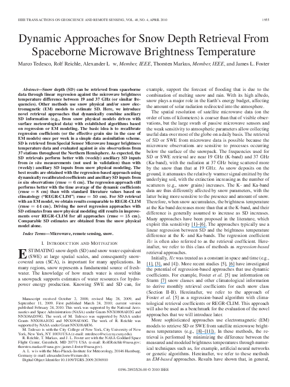 Pdf Dynamic Approaches For Snow Depth Retrieval From Spaceborne Microwave Brightness Temperature