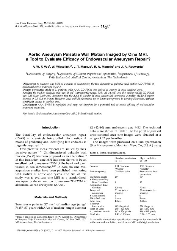 (PDF) Aortic Aneurysm Pulsatile Wall Motion Imaged by Cine MRI: a Tool ...