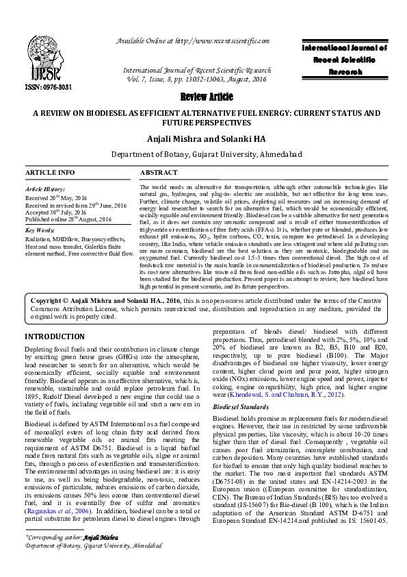 (PDF) A REVIEW ON BIODIESEL AS EFFICIENT ALTERNATIVE FUEL ENERGY: CURRENT STATUS AND FUTURE ...