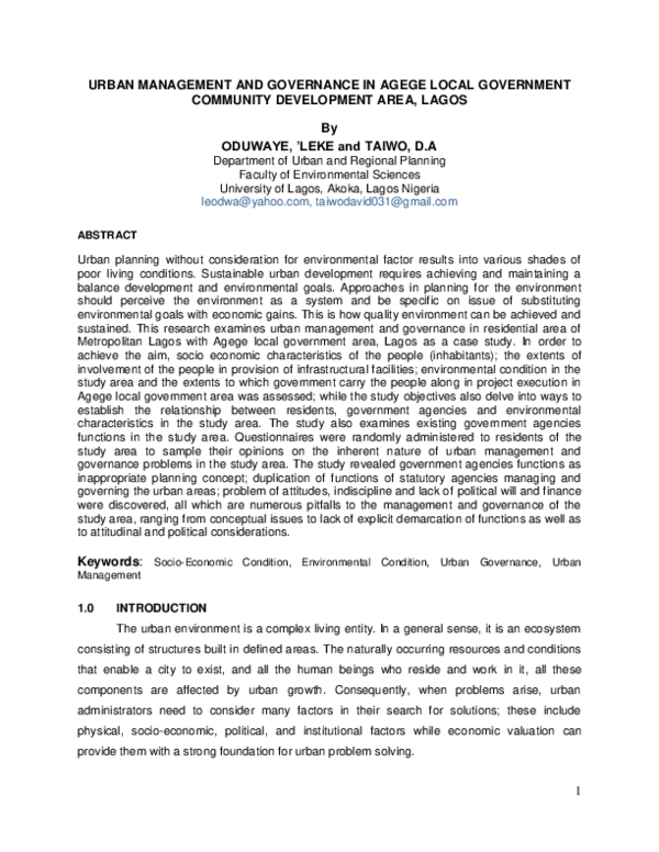 (PDF) URBAN MANAGEMENT AND GOVERNANCE IN AGEGE LOCAL GOVERNMENT ...