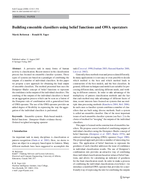 (PDF) Building ensemble classifiers using belief functions and OWA operators