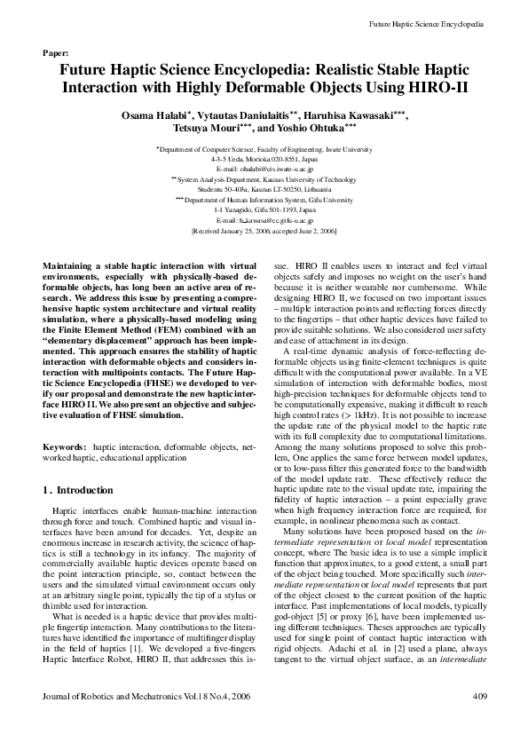 (PDF) Future Haptic Science Encyclopedia: Realistic Stable Haptic Interaction with Highly ...