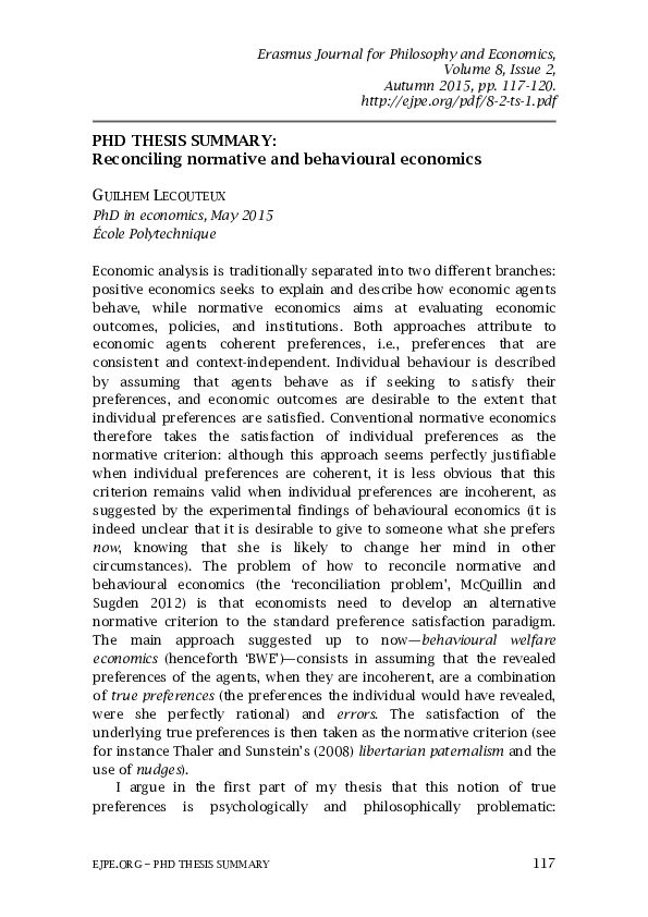 (PDF) PHD THESIS SUMMARY: Reconciling normative and behavioural economics