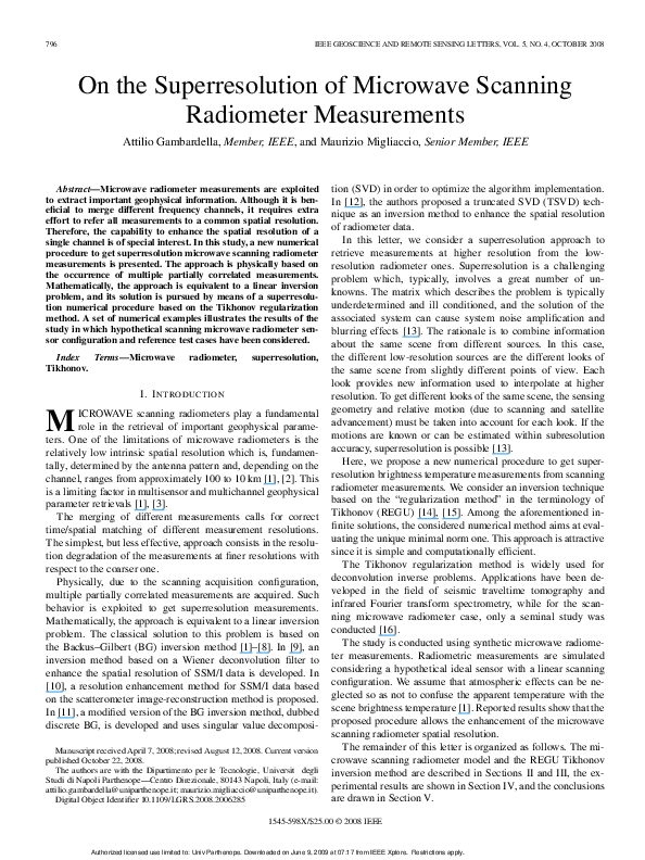 (PDF) On the Superresolution of Microwave Scanning Radiometer Measurements