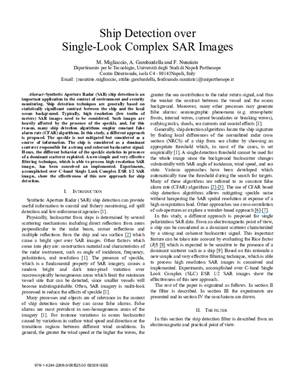 Pdf Ship Detection Over Single Look Complex Sar Images