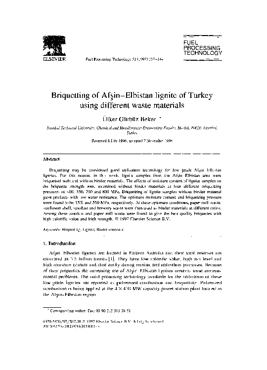 (PDF) Briquetting of Afşin-Elbistan lignite of Turkey using different ...