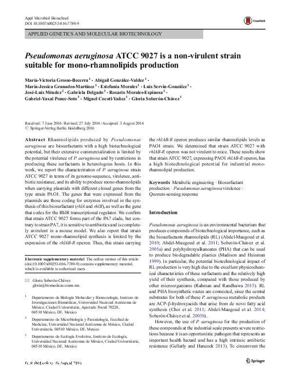 (PDF) Pseudomonas aeruginosa ATCC 9027 is a non-virulent strain ...